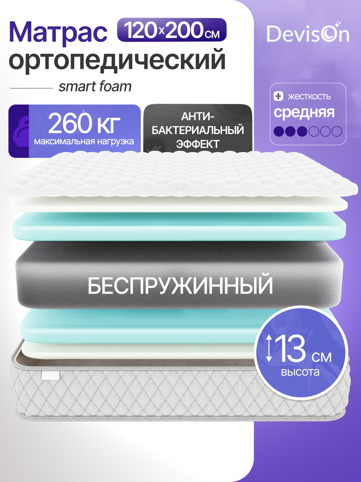 Матрас 120х200 ортопедический беспружиннный для кровати Devison Smart Foam высота 13 см