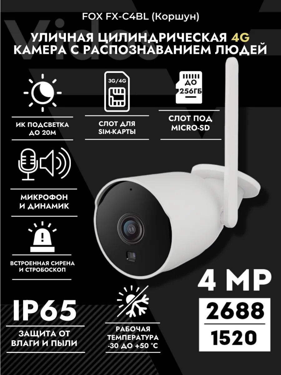 Камера Fox FX-C4BL, уличная, LTE, 4 Мп, угол обзора 110 °, ИК-подсветка 20 м