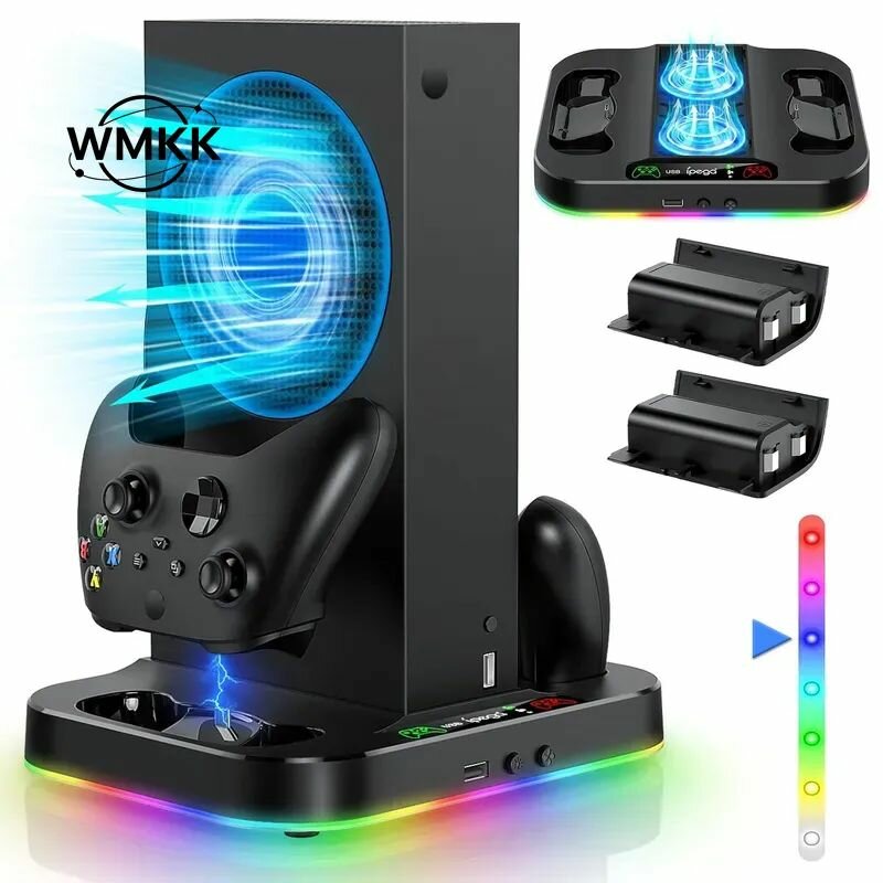 Охлаждающая стойка с вентилятором и RGB-подсветкой для Xbox Series S, Зарядная док-станция с 2 аккумуляторами 1400 мАч, 15 световых режимов, порт USB 2.0