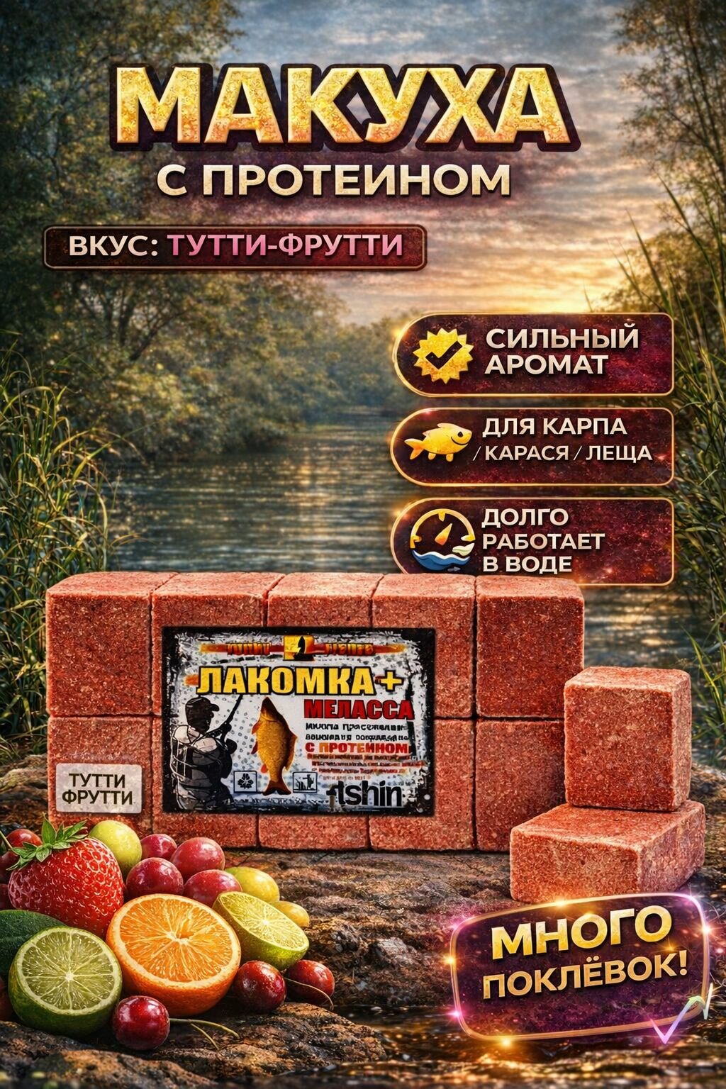 Макуха рыболовная кубики "Тутти-Фрутти" 10 кубиков с мелассой для карпа и карася, насадка на макушатник для стоячей воды