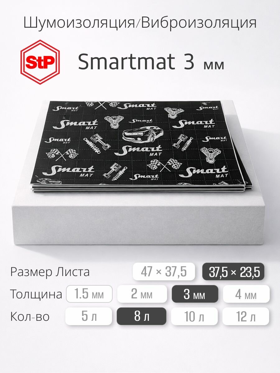 Шумоизоляция для автомобиля 3мм StP Smartmat (37,5х23,5см) - 8 листов, виброизоляция авто для пола, арок, багажника