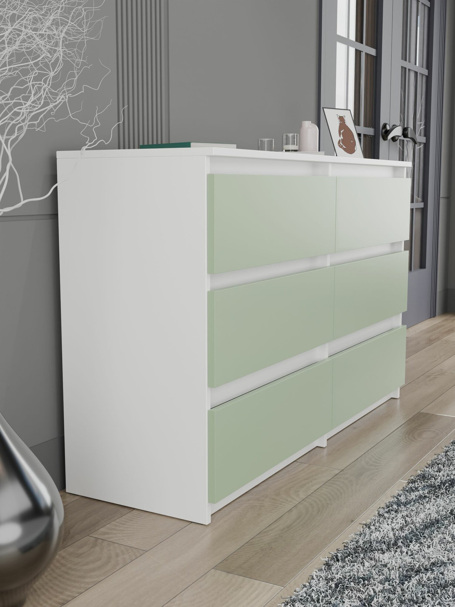 Комод для белья и одежды орлан 6 ящиков, 120х76.4х40 см, белый-мятный