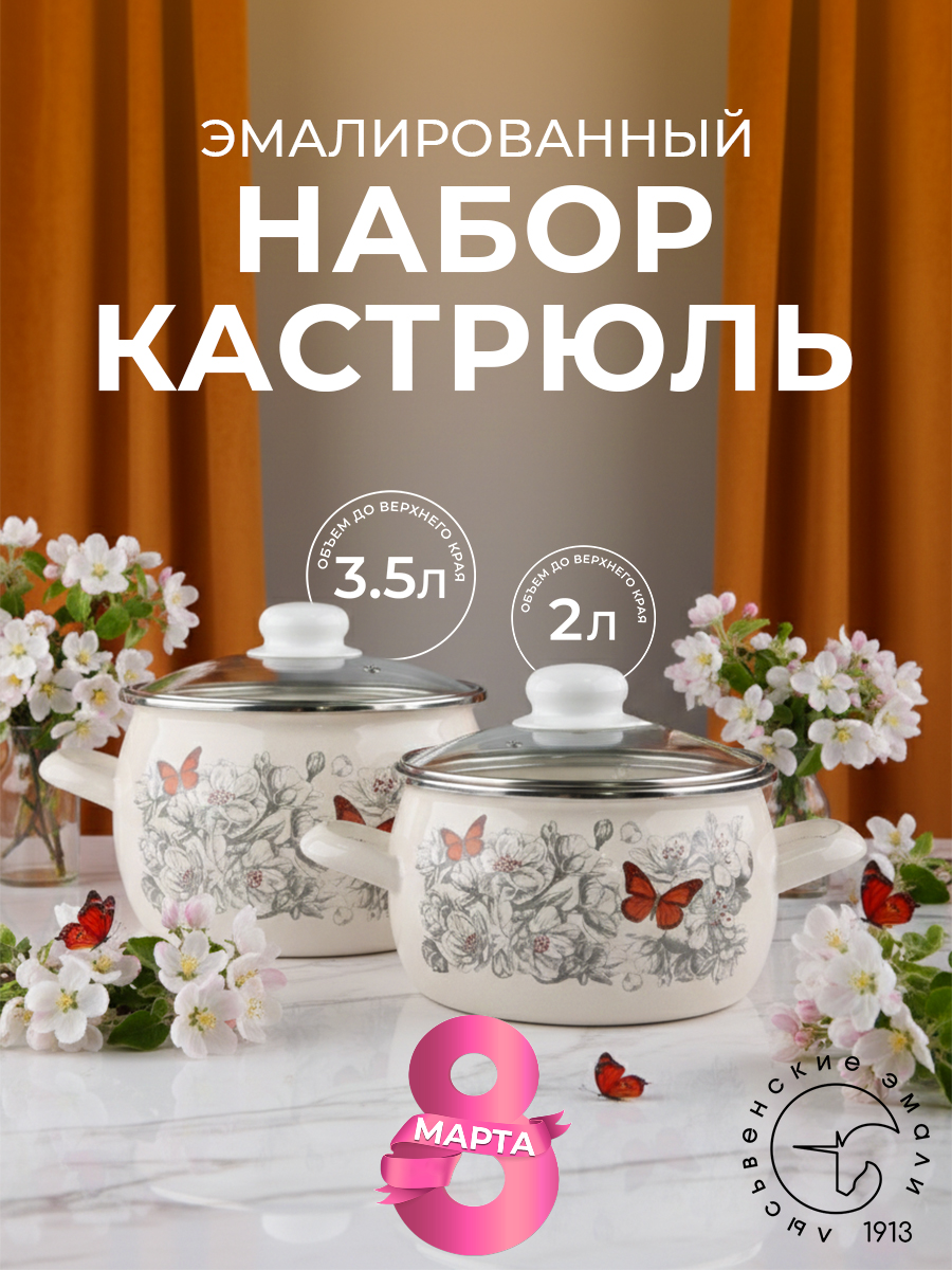 Набор кастрюль эмалированных Лысьвенские эмали "Бабочки" 2ш (2л, 3,5 л) с крышками для всех видов плит