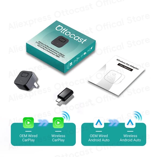 OTTOCAST Mini Dot Cube Беспроводной автомобильный адаптер CarPlay Android 2-в-1 с USB и поддержкой искусственного интеллекта, совместимый с автомобилями Toyota, Volkswagen, Mercedes-Benz, Chevrolet, Hyundai и другими моделями.