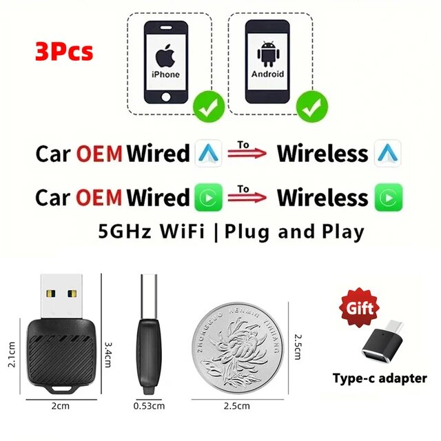 Беспроводной адаптер EKIY 2-в-1 CarPlay подходит для автомобилей с проводным CarPlay и поддерживает беспроводную связь с Android Auto, что делает его идеальным выбором для автомобильных интеллектуальных систем и смарт-боксов с искусственным интеллектом.