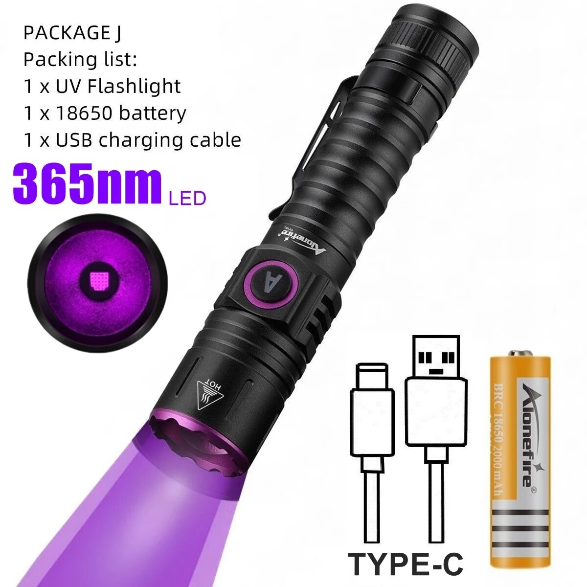 AloneFire SV101 черный UV фонарь 365nm с батареей 18650