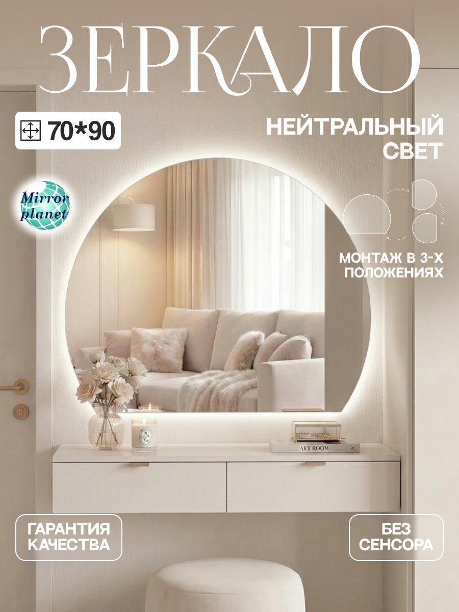 Настенное зеркало с подсветкой полусфера 70х90 см без сенсора нейтральный свет Mirror Planet