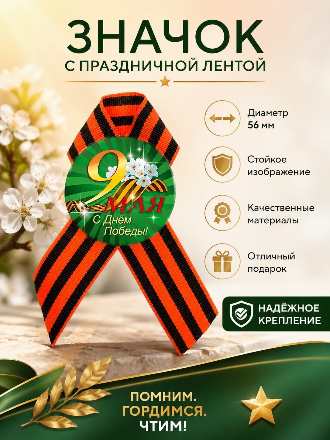 Значок "С Днём Победы. 9 мая" с лентой, диаметр 56мм (5217)