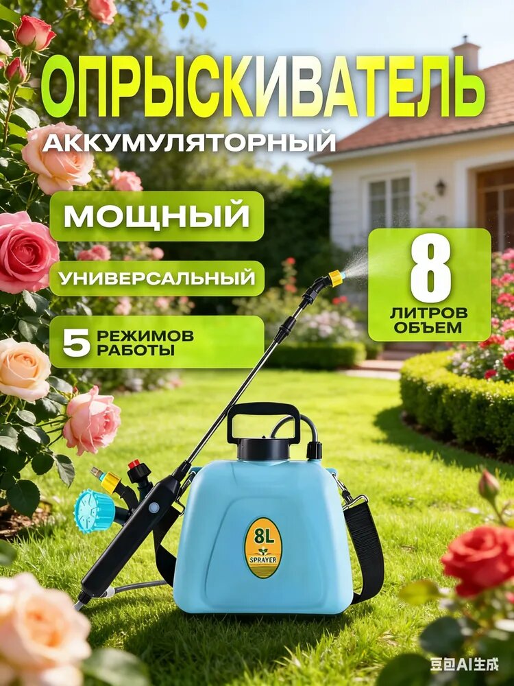 Пульверизатор, 8 л, аккумуляторный садовый распылитель, 1 шт, голубой, ABS пластик, 28*23*14 см
