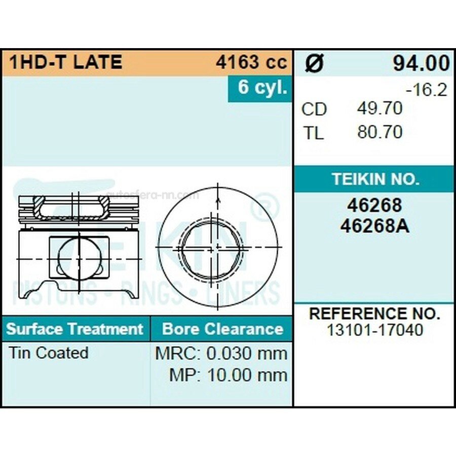 TEIKIN 46268STD Поршень (STD/ к-т 6 шт) Toyota Land Cruiser (J100, J80) 89-02 / Coaster 93-16 1HDFT;1HDT