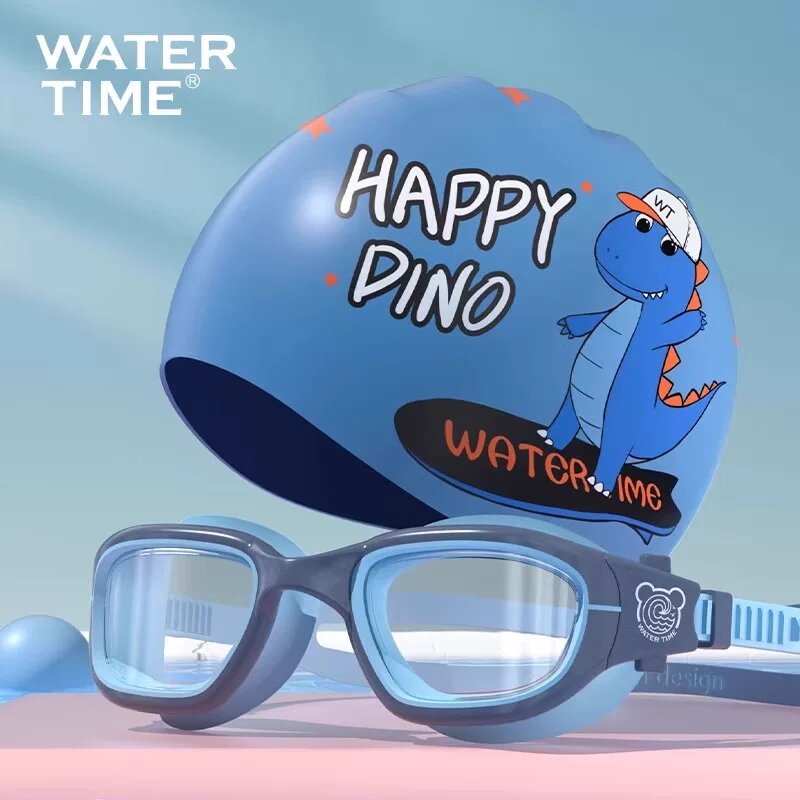 WaterTime Детские антизапотевающие прозрачные плавательные очки, азурно-голубые, для детей 4-15 лет, обычные линзы