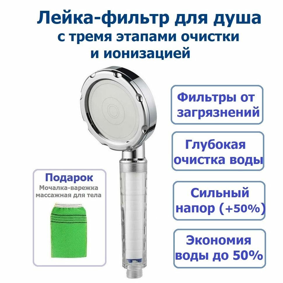 Лейка для душа с фильтром Anion Shower Filter Silver, 3 степени очистки и ионизация