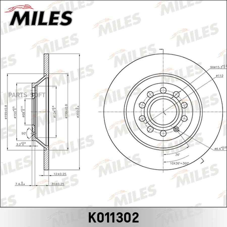 MILES K011302 Диск тормозной задний AUDI A6 ALLROAD 2.7-4.2 06- D=303x12 мм. (ISO 9001). ()