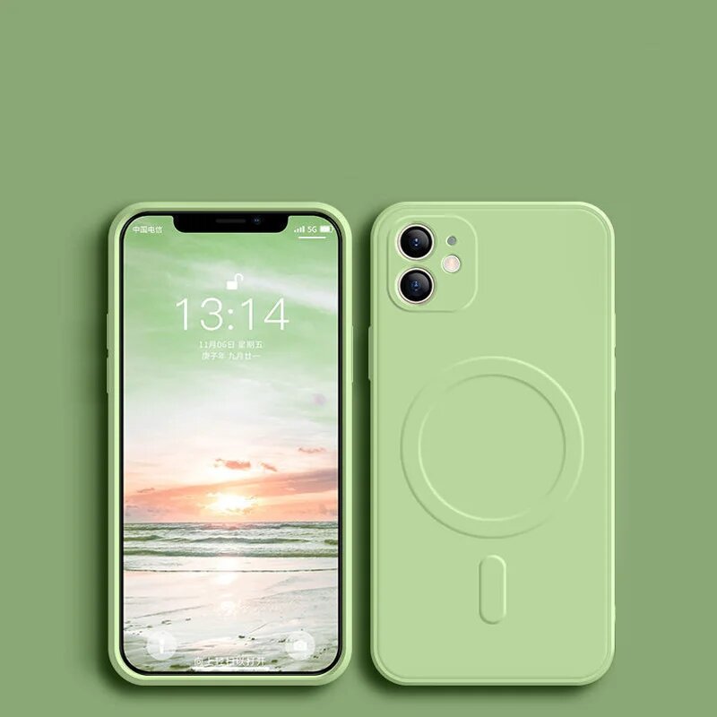 Жидкий Силиконовый Чехол Для iPhone С Магнитной Беспроводной Зеленый, LightGreen, For iphone13Mini