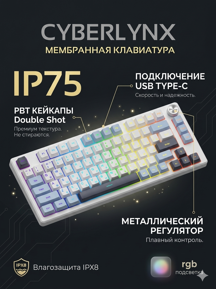 Клавиатура игровая IP75 мембранная RGB 75%, клавиатура проводная игровая, Anti-Ghosting 19 клавиш, русская раскладка