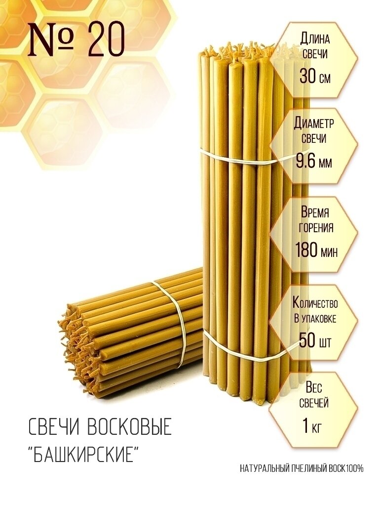 Свечи восковые церковные "Башкирские" №20 - 1 кг, 50 шт, 100% пчелиный воск