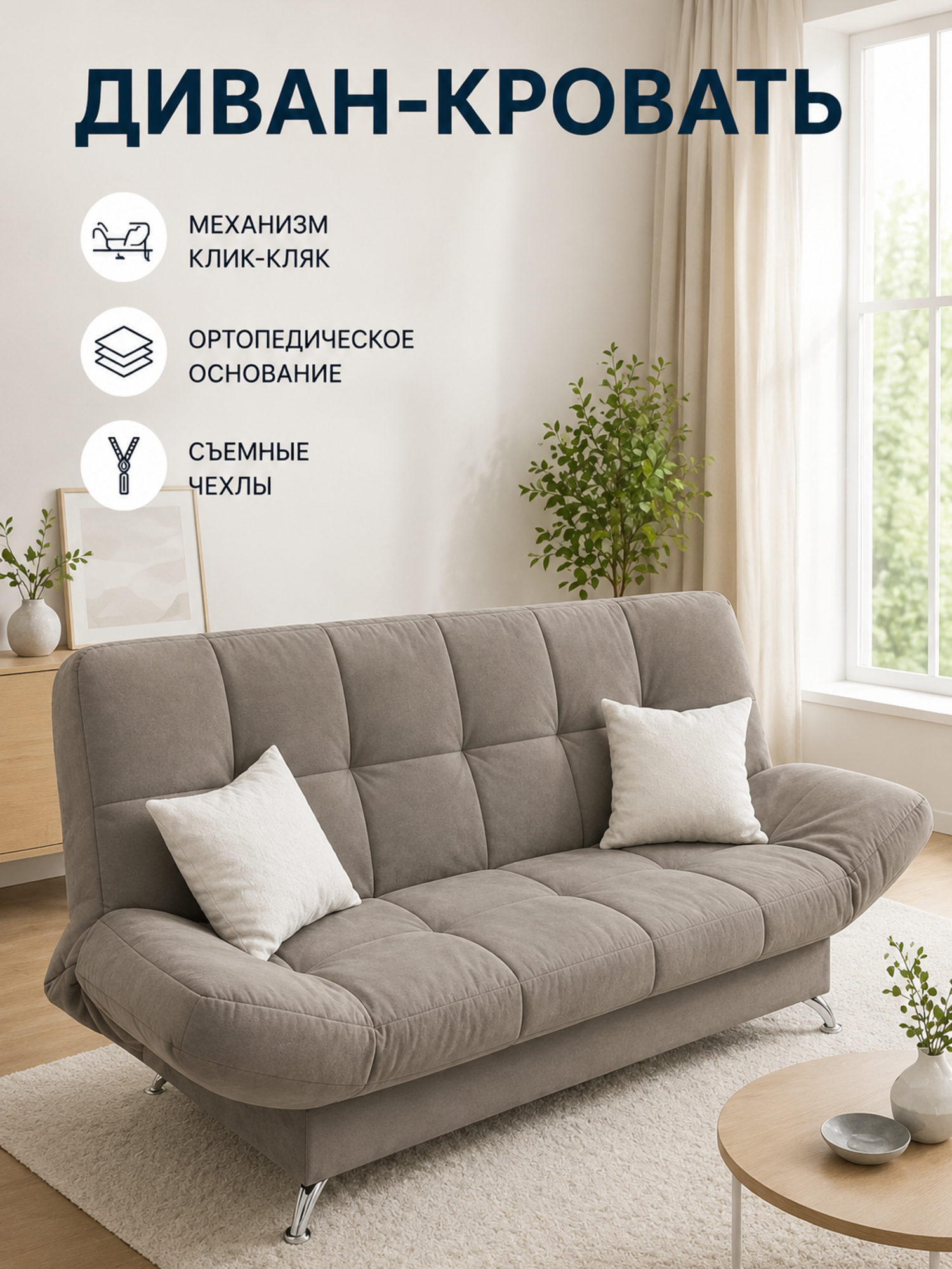Диван Мебель 7Я "Клик-кляк", раскладной, велюр, съемный чехол, ящик для белья, без подлокотников.