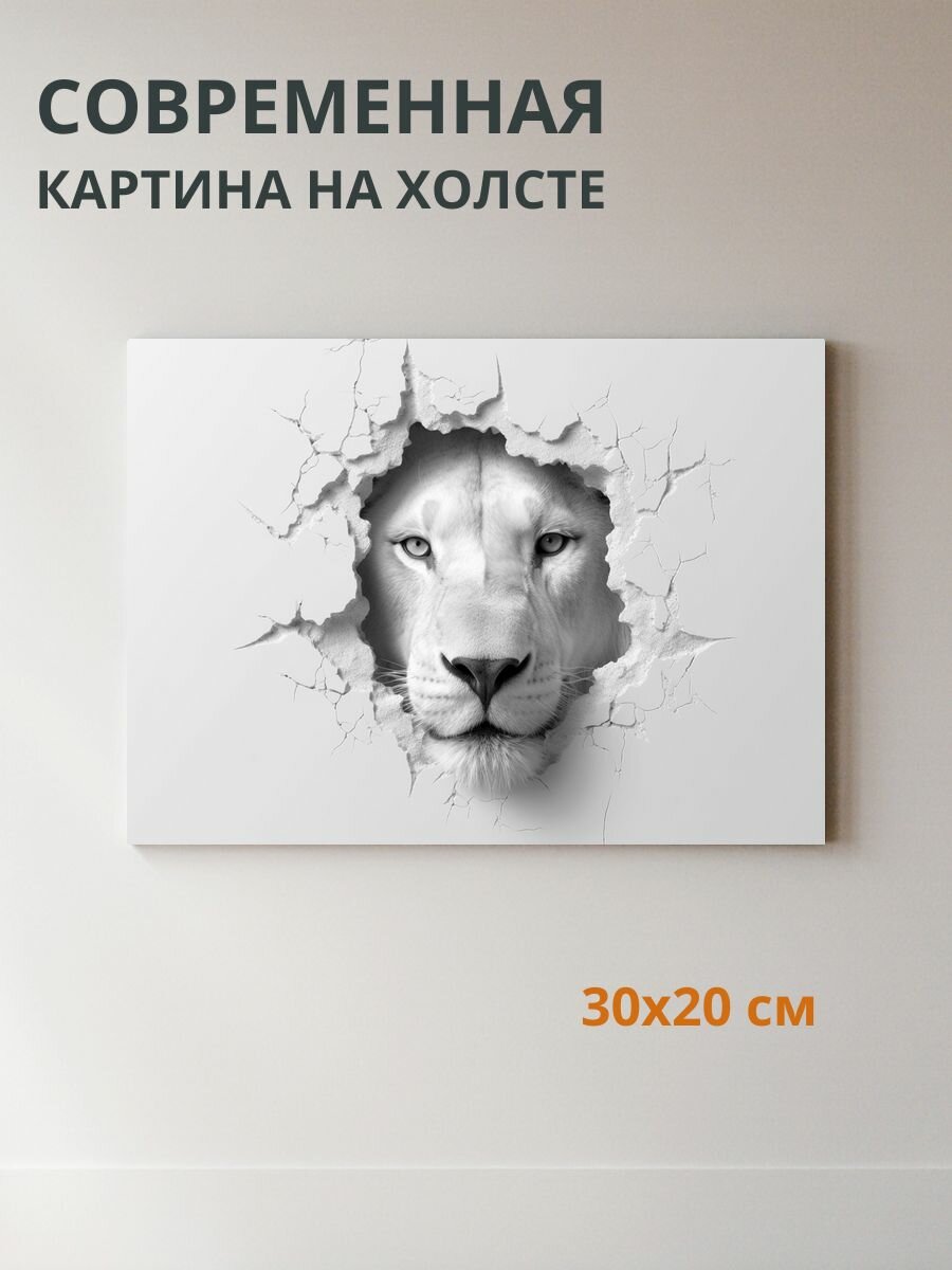 Картина на холсте Львиная голова через дыру в 30x20 см