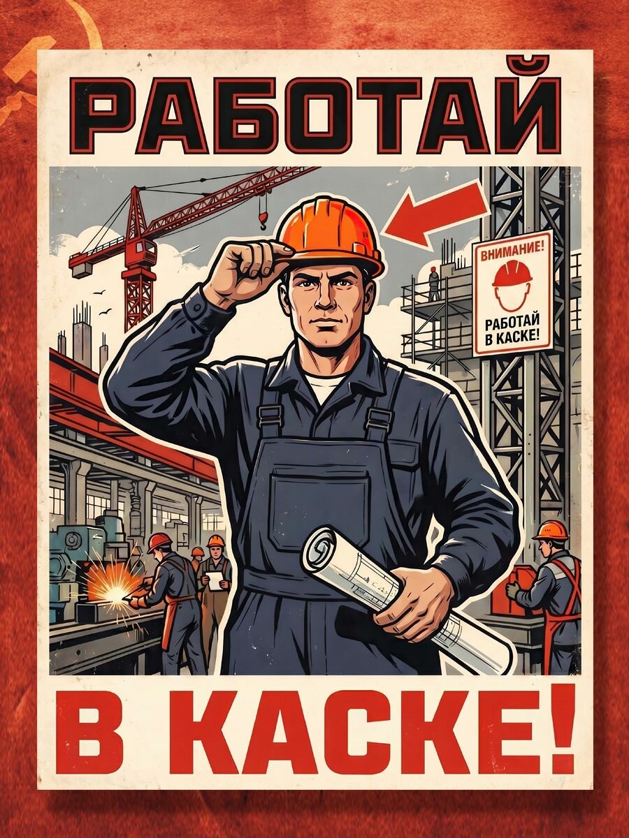 Постер СССР "Работай в каске!" - 30х40см (без рамки)