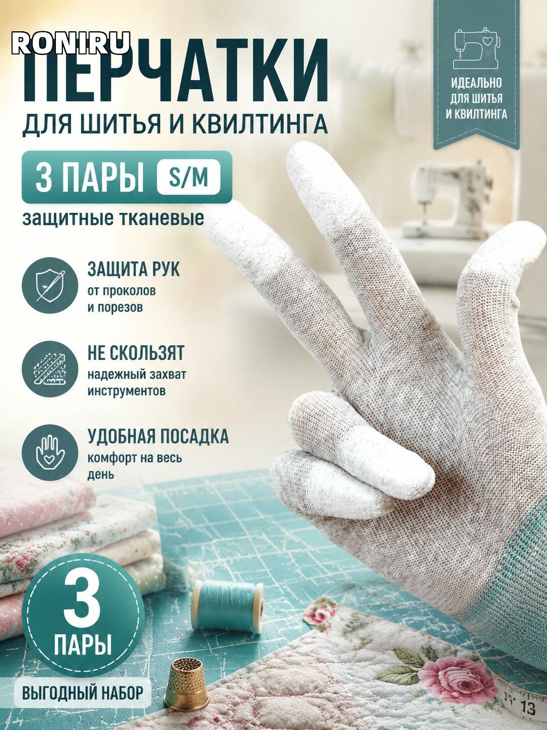 Перчатки для шитья и квилтинга — защитные тканевые перчатки, набор 3 пары S/M, удобная посадка, не скользят