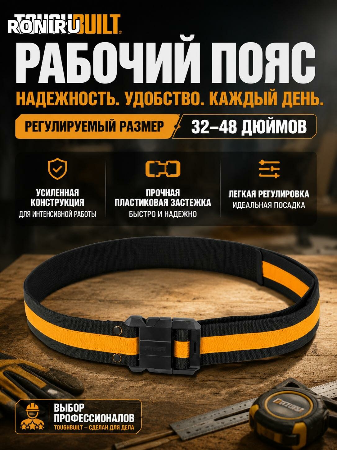 Рабочий пояс TOUGHBUILT с пластиковой застежкой и усиленной головкой, регулируемый на 32-48 дюймов для мастеров