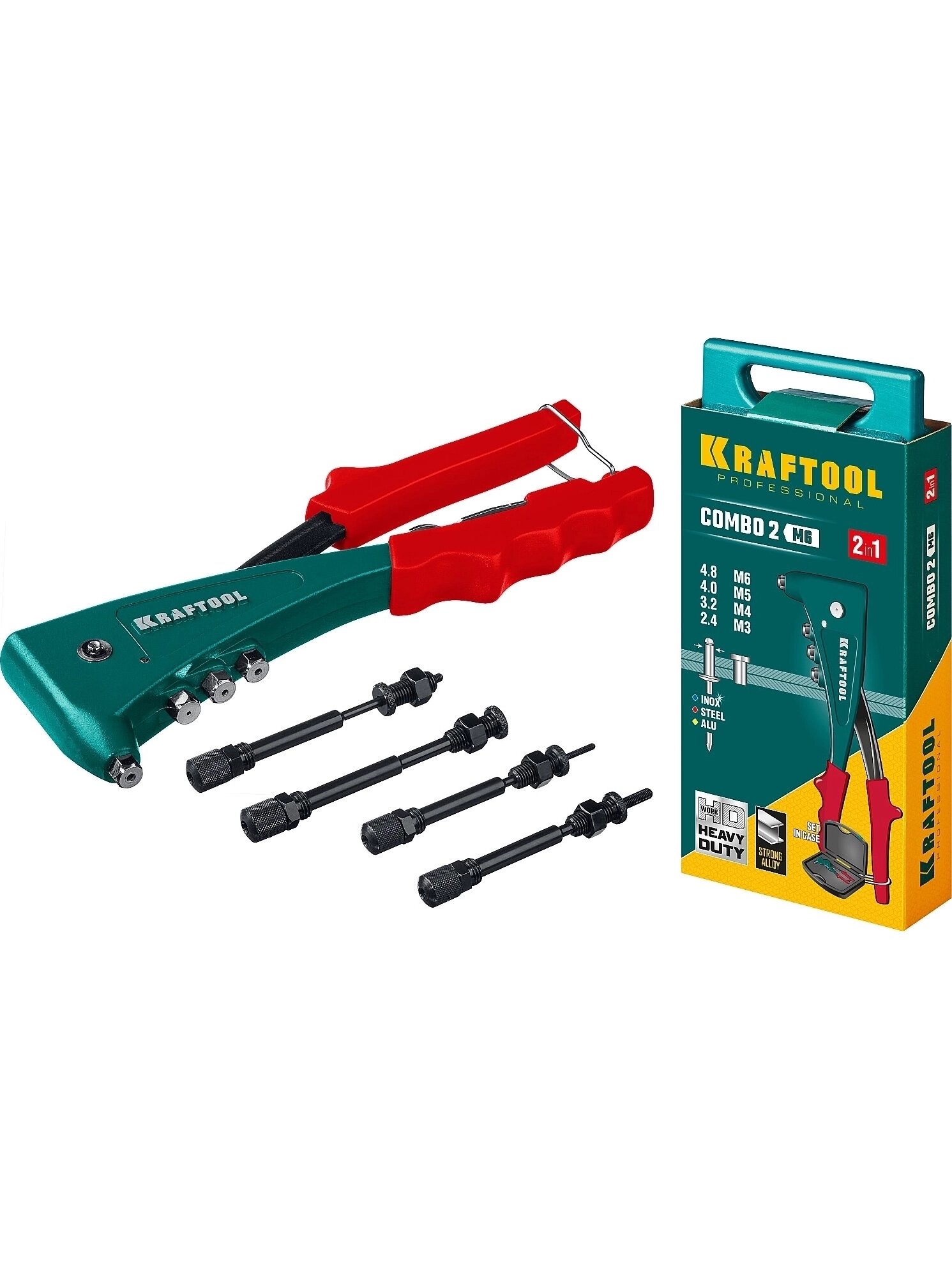 Комбинированный литой заклепочник в кейсе KRAFTOOL Combo2-M6, 2 вида заклёпок