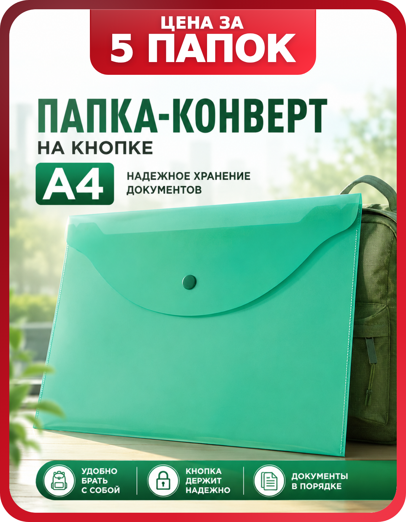 Папки-конверты А4 BRAUBERG зеленые, 5 шт