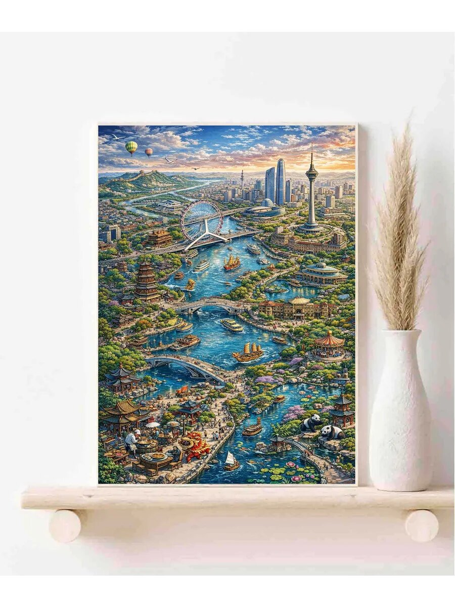 Тяньцзинь, Китай, Fantasy Map, Карта, Плакат 30x42см