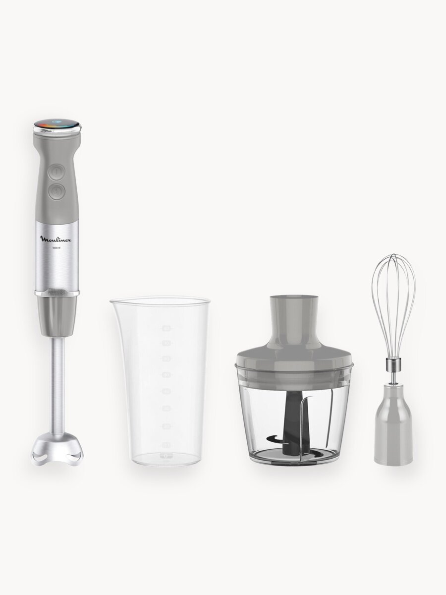 Блендер погружной мощный Moulinex Quickchef+ DD673B10 с 3 насадками, 1000 Вт и 20 скоростей, серебристый