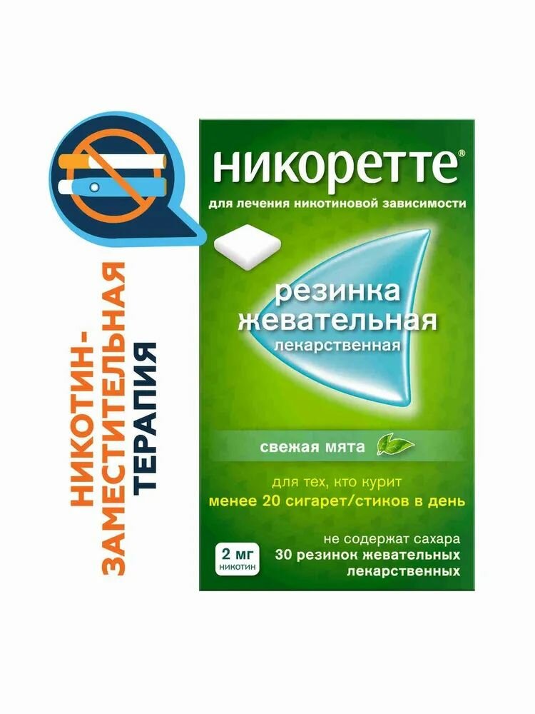 Никоретте, резинка жевательная 2 мг (свежая мята), 30 шт.