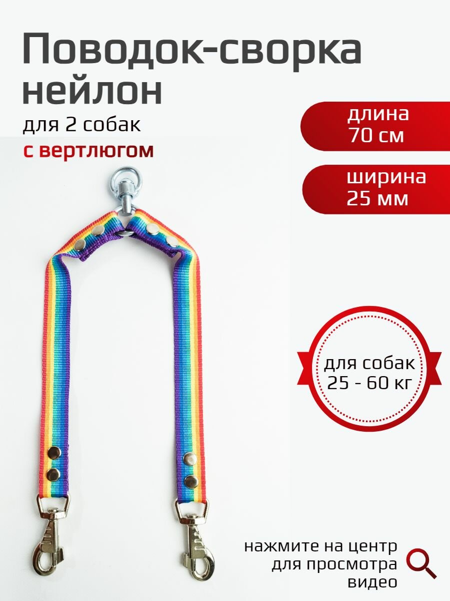 Поводок-сворка Хвостатыч для двух собак с вертлюгом нейлон 70 см х 25 мм (радуга)