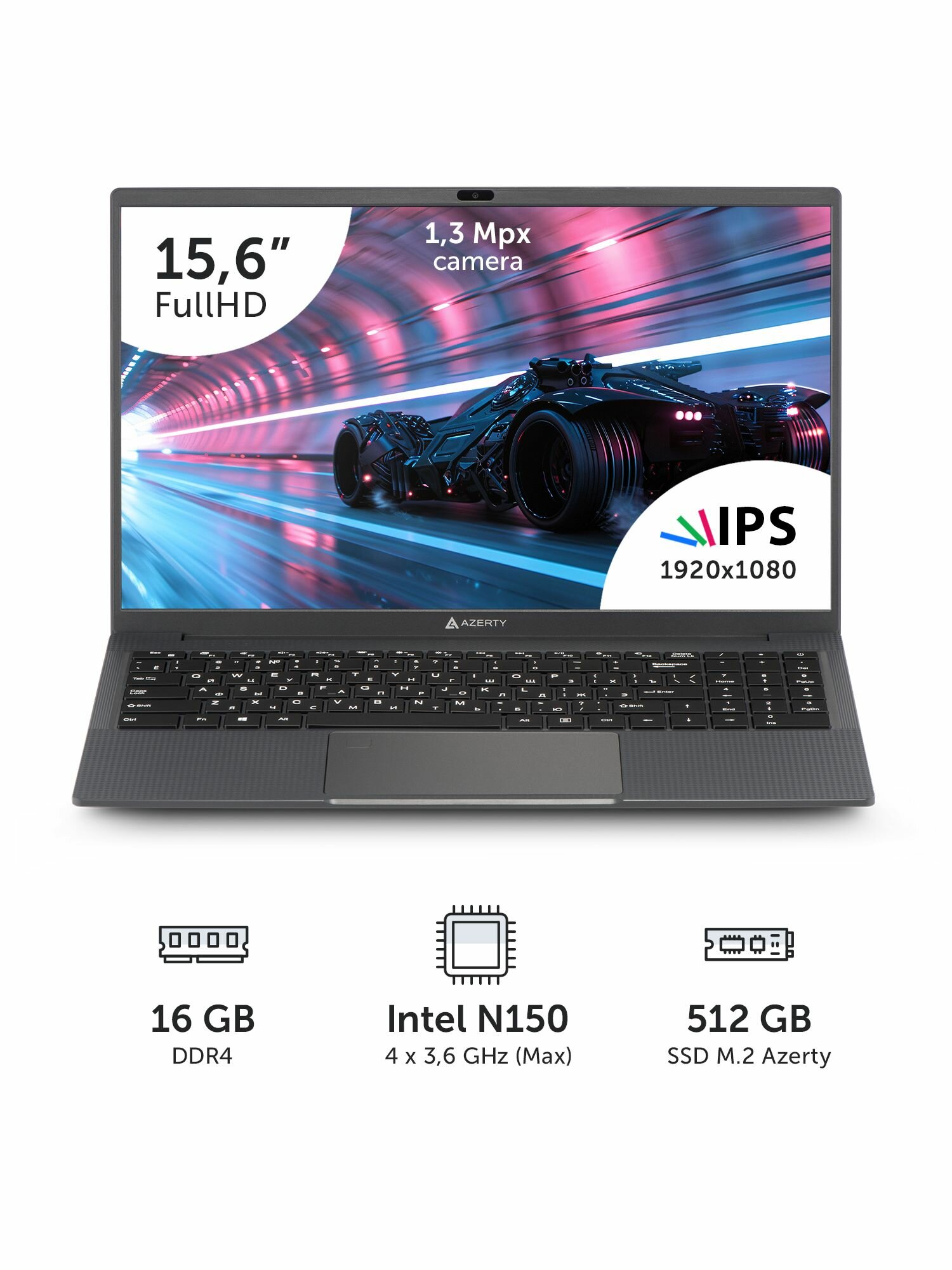 Ноутбук Azerty RB-1561 (15.6" IPS 1920x1080, Intel N150 4x0.8GHz, 16Gb DDR4, 512Gb SSD)
