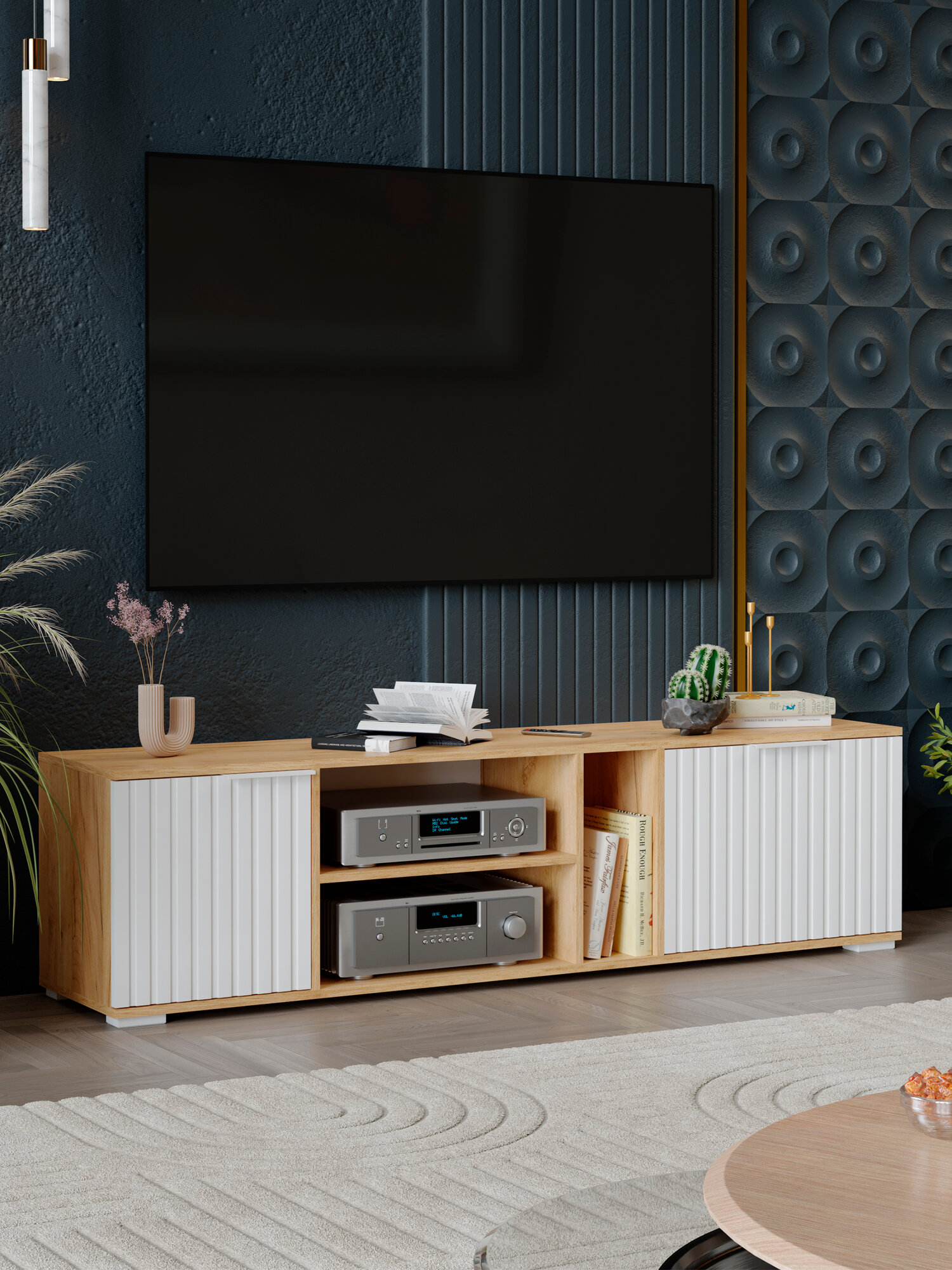 Тумба под телевизор Хилтон (Дуб крафт золотой/Белый матовый)