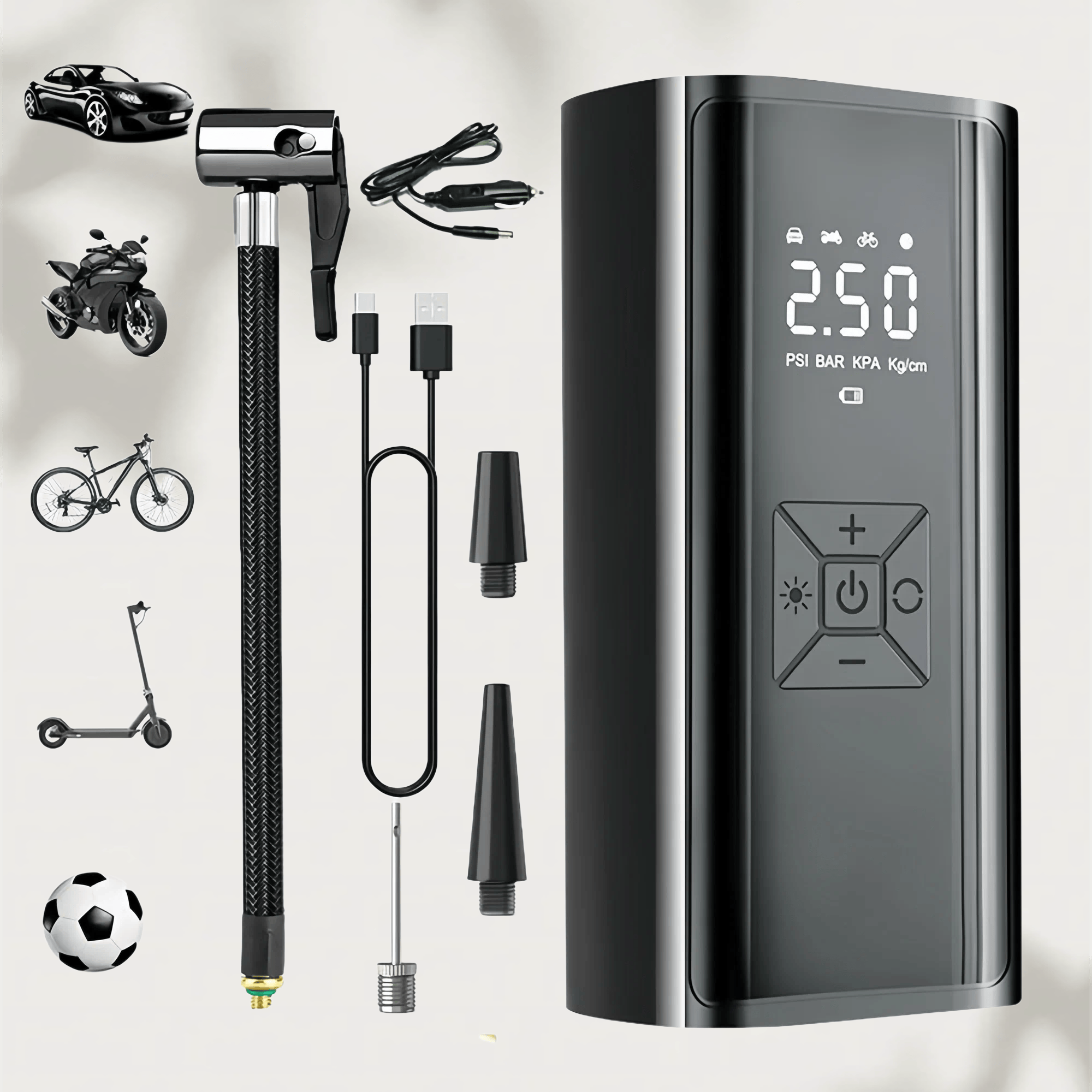 Насос Автомобильный, Автомобильные компрессоры, Беспроводной Компрессор, встроенным АКБ и зарядкой от USB (Черный)