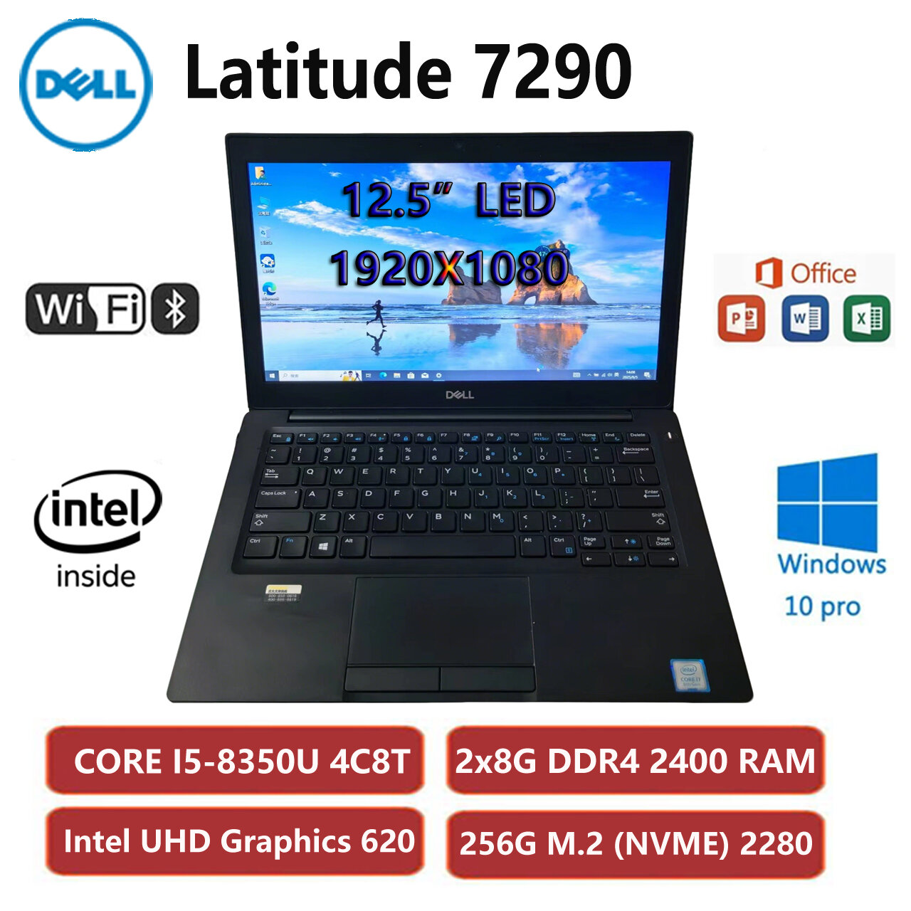 Подержанный ноутбук 12.5" DELL Latitude 7290 ( CORE I5-8350U+2X8GB DDR4 2400 RAM+256G M.2 NVME SSD+Intel UHD 620 Видеокарта+1920X1080 IPS 4K) Win 10 pro