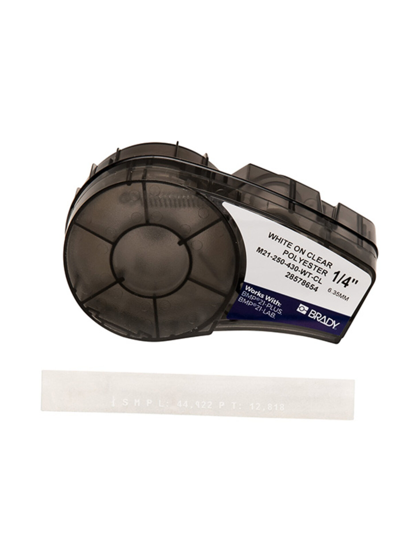 Лента Brady M21-250-430-WT-CL, полиэстер, 6.35 мм × 6.4 м, белый на прозрачном, долговечная