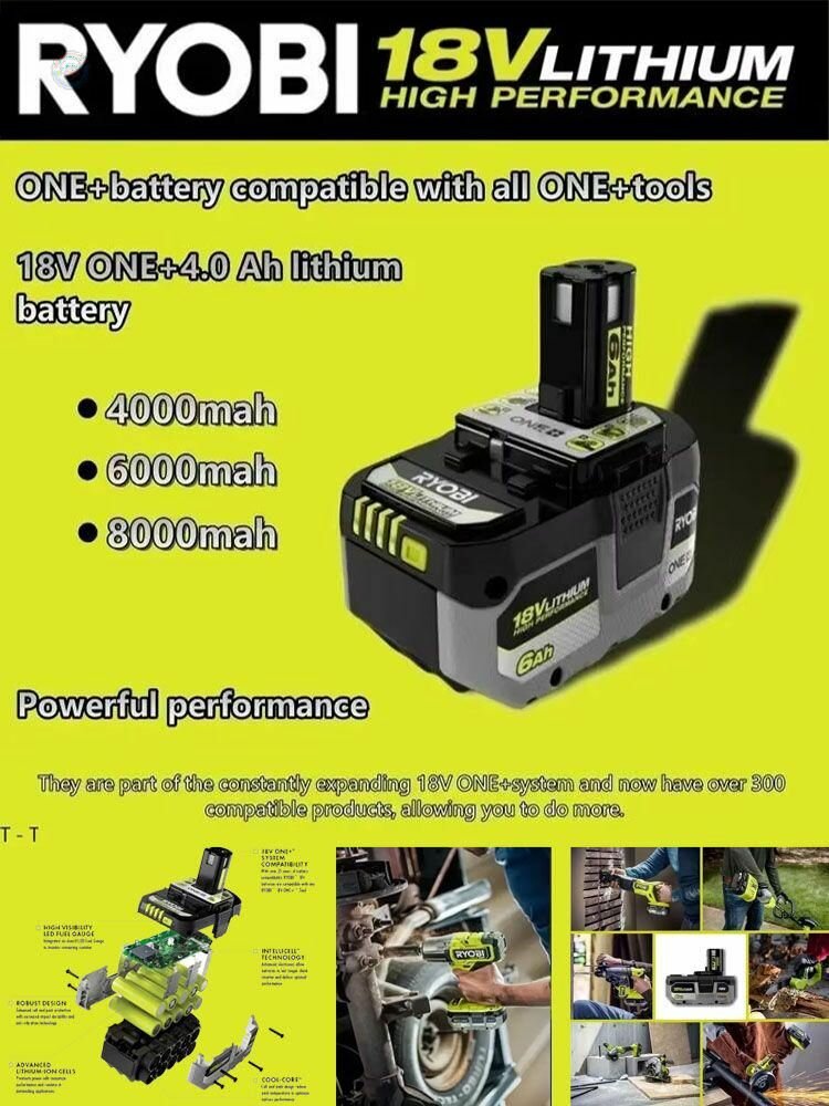 Аккумулятор 18 В Li-ion 4000/6000/8000 мАч для инструмента Ryobi One+, универсальная литиевая батарея длительного времени работы, черный