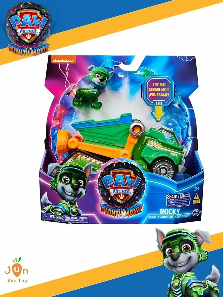 Щенячий патруль Spin Master Nickelodeon Paw Patrol The Mighty Movie Rocky Recycle Truck / Детская игрушечная машинка Со световыми и звуковыми эффектами, для детей от 4 лет, машинка с фигуркой Рокки