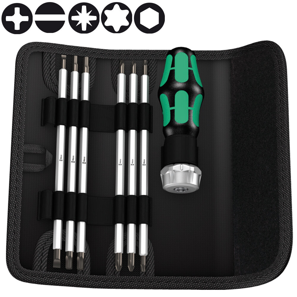 Отвёртка реверсивная со со сменными наконечниками в набедренной сумке, 7 предметов Kraftform Kompakt Vario RA SB WERA WE-073665