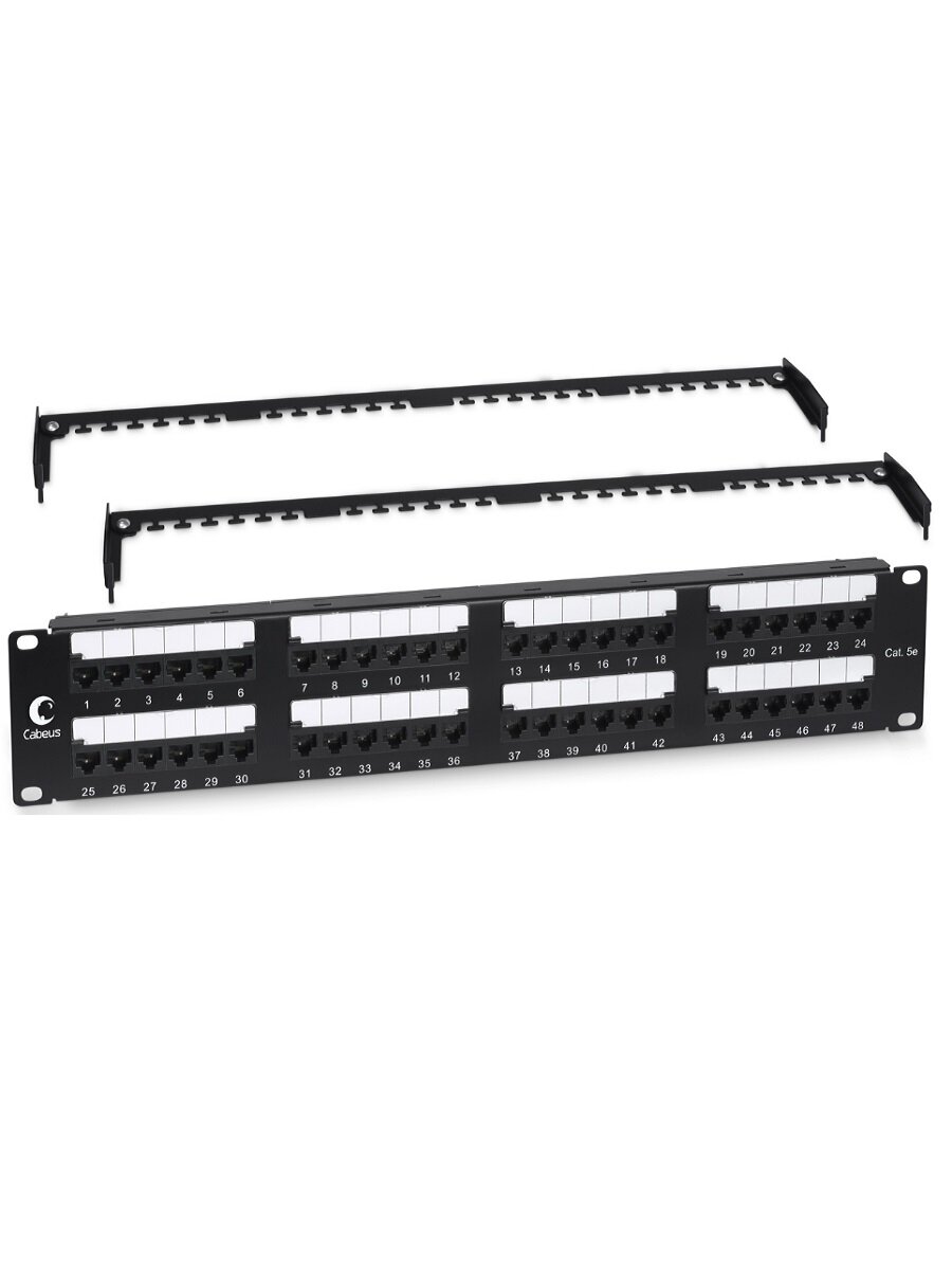 Патч-панель Cabeus PL2-48-Cat.5e-Dual 19", 2U, Cat 5e, 48 портов RJ45 (8p8c), неэкранированная, Dual IDC (110/KRONE)