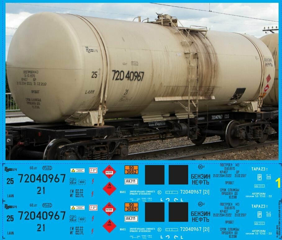 2Д-Декаль цистерна 15-Ц863 HO -Блок№1 БЧ: Бензин Нефть Белый Котёл HO М 1/87