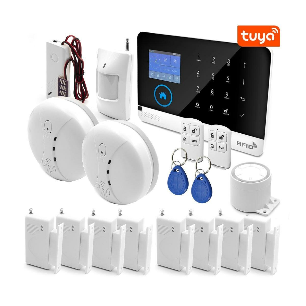 Система: охранно-пожарная звуковая TUYA GSM / WiFi сигнализация Страж Око 17 (TUYA) (K6556RU) с 17 беспроводными датчиками в наборе для дачи и коттед