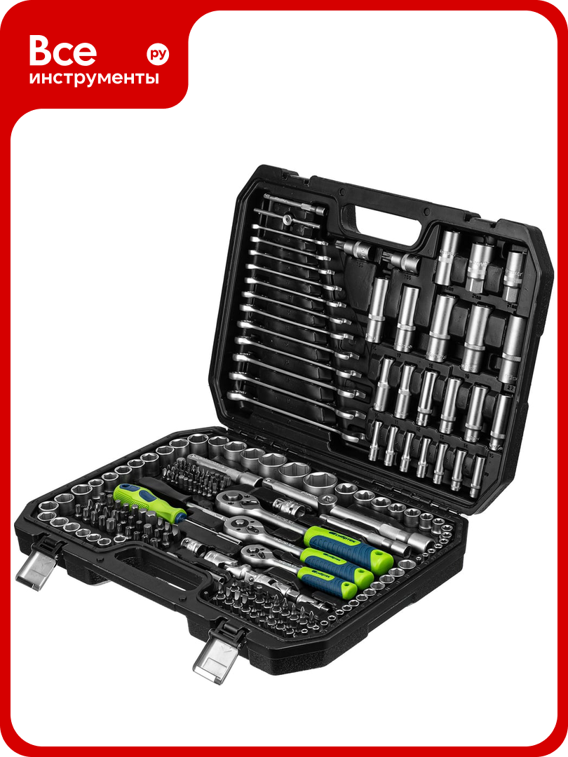 Набор инструментов СИБРТЕХ 1/2", 3/8", 1/4", пластиковый кейс 215 предм. 14170, монтажа и демонтажа