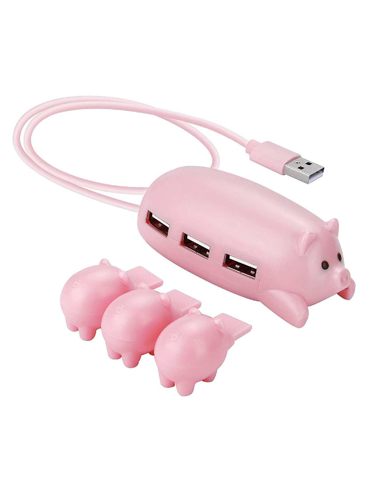 Cute USB 2.0 Hub Pink Mom Pig USB Hub with 3 Piglet Decoration Lids Great Gifts for Pig Lovers Cute Pig Stuff Pig Decor