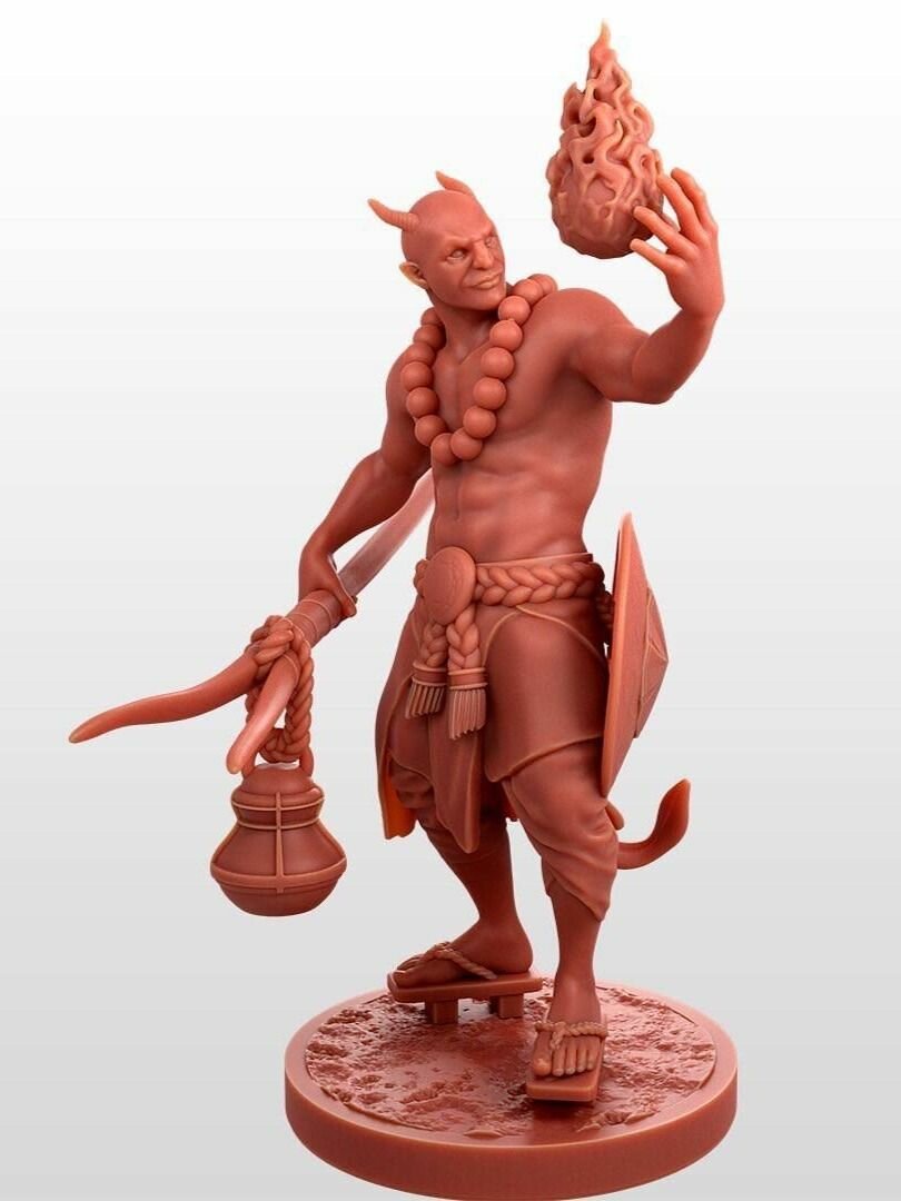 Фэнтези миниатюра тифлинг колдун (самурай ифрит) игровая фигурка для раскрашивания (высота 52мм) база 26мм