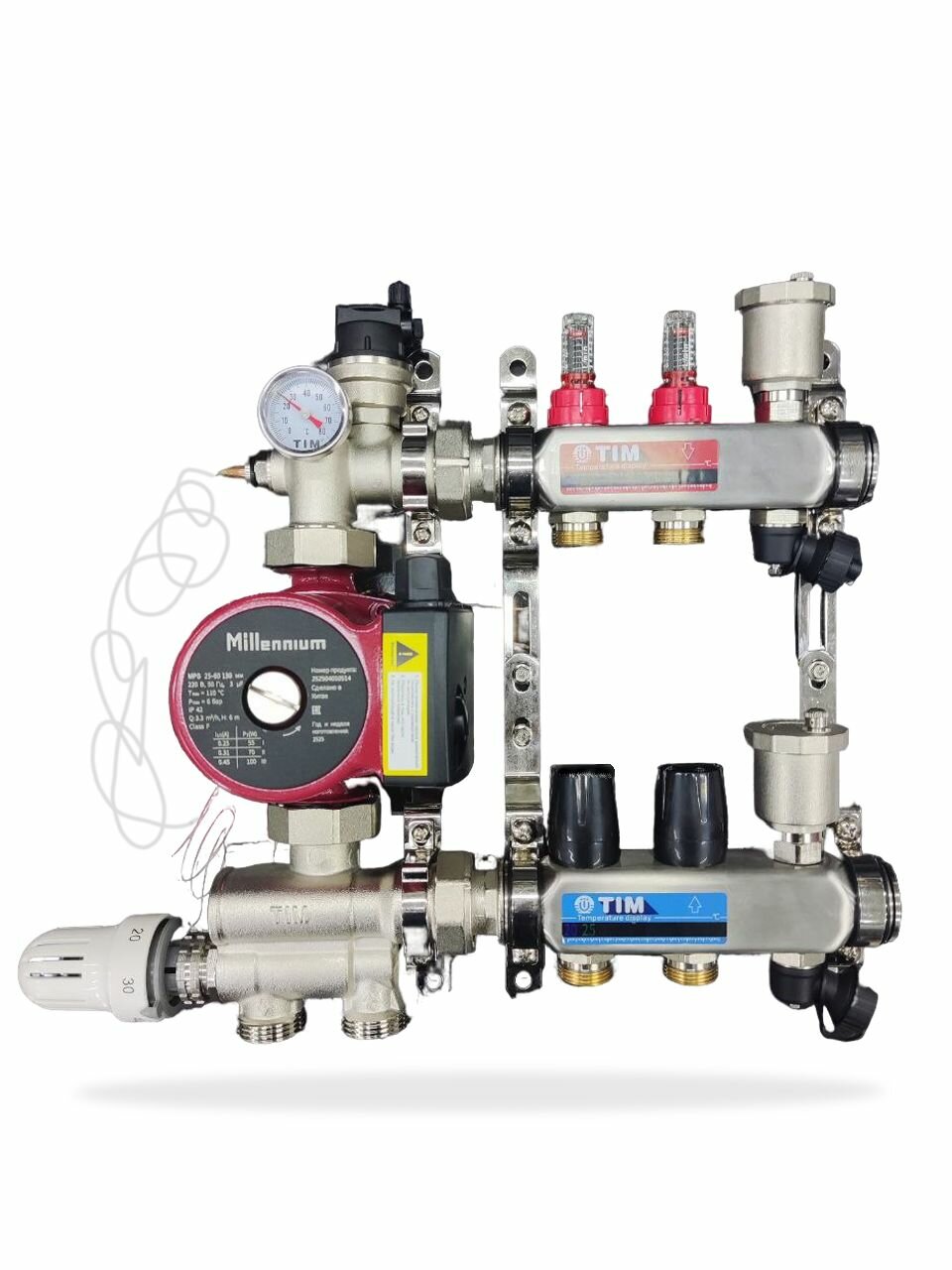 Коллектор для теплого пола на 2 контура с расходомерами + циркуляционный насос 25/6 + смесительный узел от 20-60 С и евроконусами 16х2.0 (до 40 кв/м)