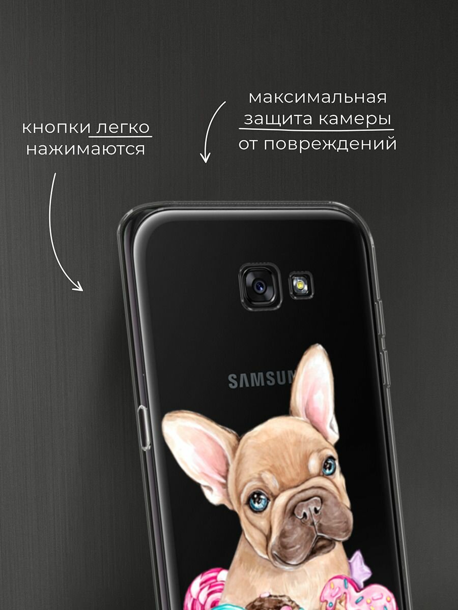 Чехол на Samsung Galaxy A7 2017 / Самсунг Галакси А7 2017 с принтом "Бульдог и сладости", прозрачный — фото 1