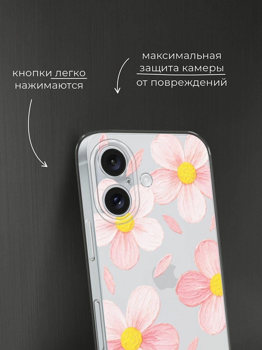 Чехол на Apple iPhone 16 / Айфон 16 с принтом "Розовые ромашки" — фото 1