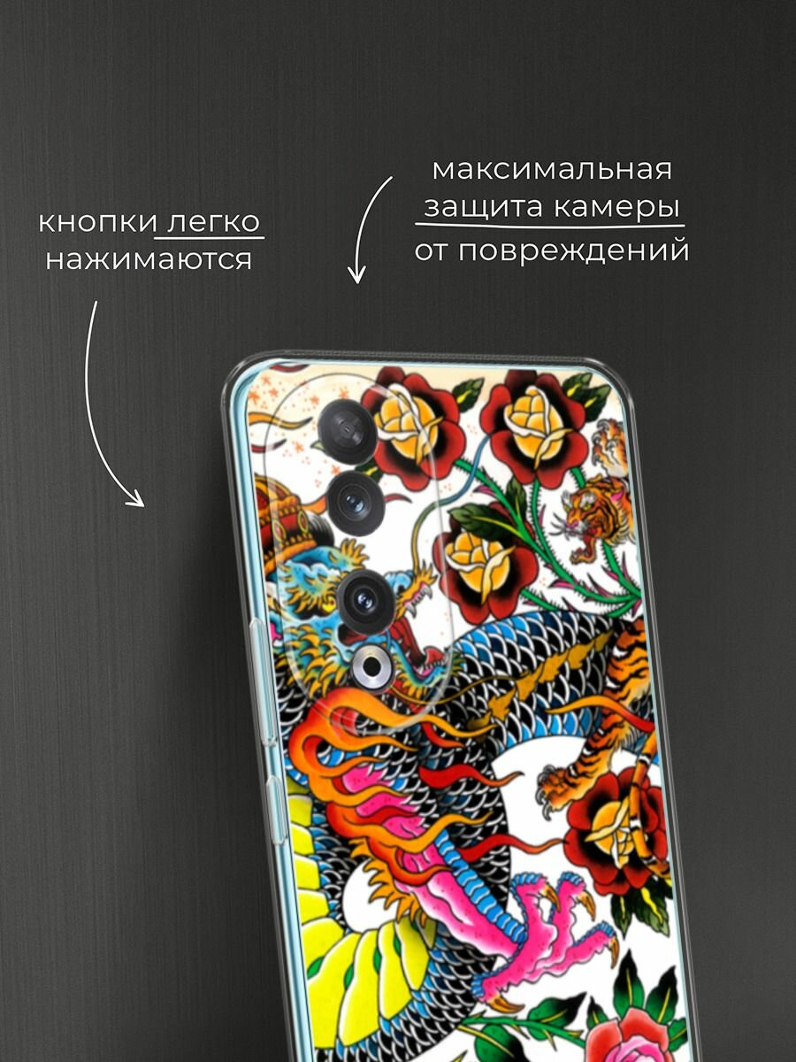 Силиконовый чехол на Honor 90 / Хонор 90 с принтом "Дракон в цветах" — фото 1
