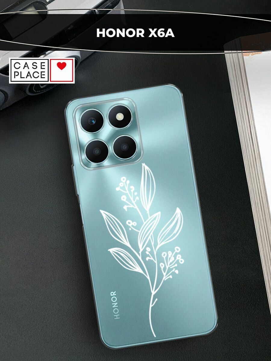 Чехол на Honor X6A / Хонор X6A с принтом "Ветка с листочками и цветами", прозрачный